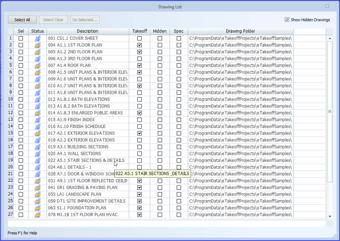 Drawing List Window - eTakeoff